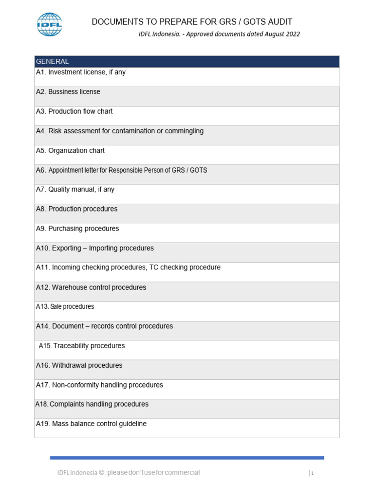IDFL - GRS and GOTS Document Checklist | PDF | Occupational Safety And ...