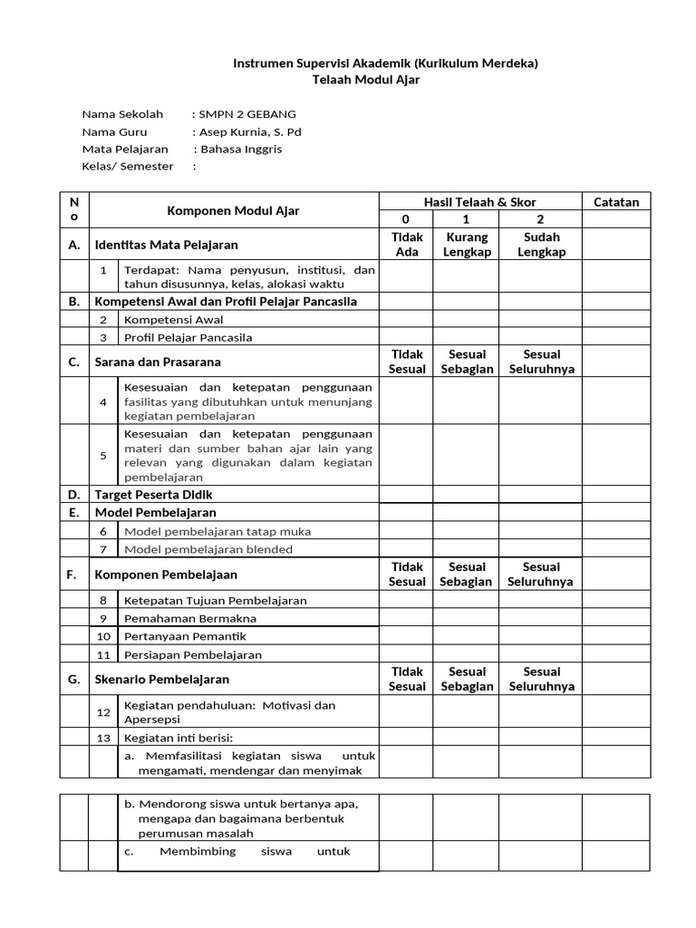 (Asep Kurnia) INSTRUMEN SUPERVISI PENELAAHAN MODUL AJAR | PDF