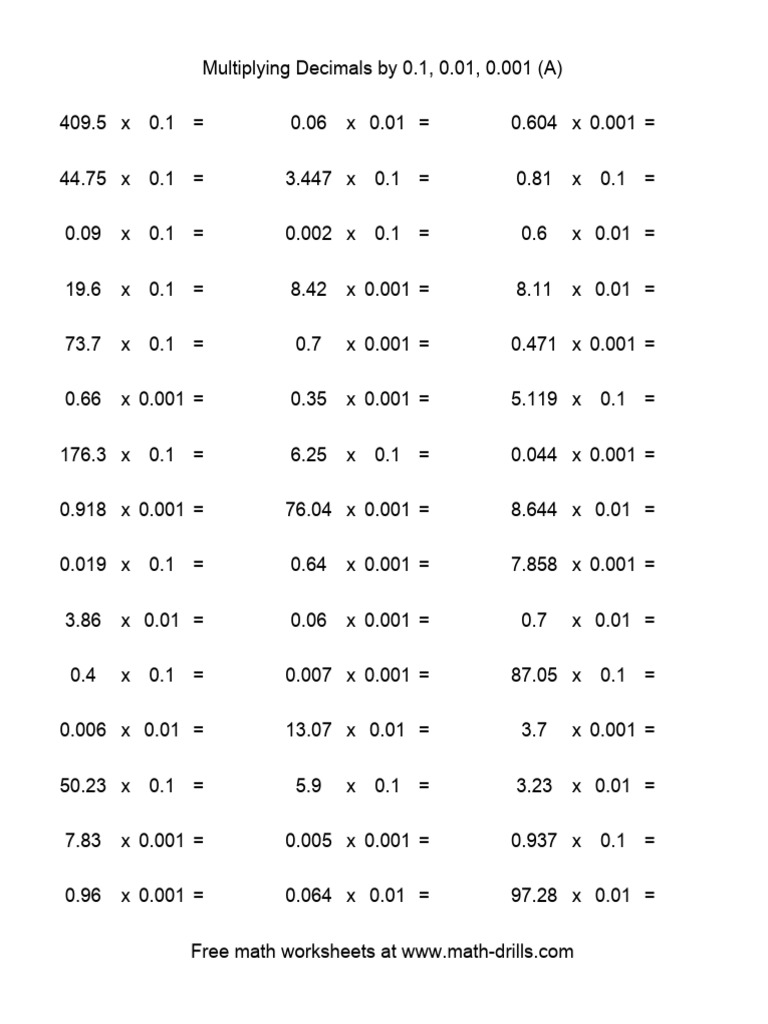 Decimals Worksheet - Decimal × 0.1, 0.01, or 0.001 (Horizontal 45 Per ...