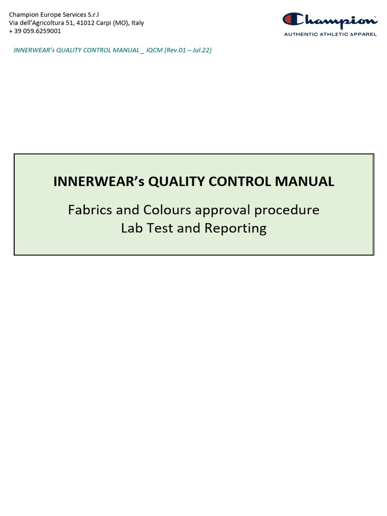 INNERWEAR's QUALITY CONTROL MANUAL - IQCM (Rev.01 - Jul.22) | PDF ...