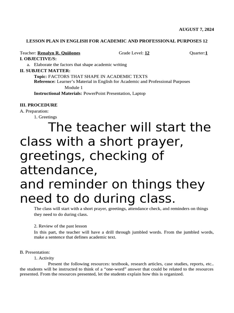 Academic Writing Factors Lesson Plan | PDF | Etiquette | Lesson Plan
