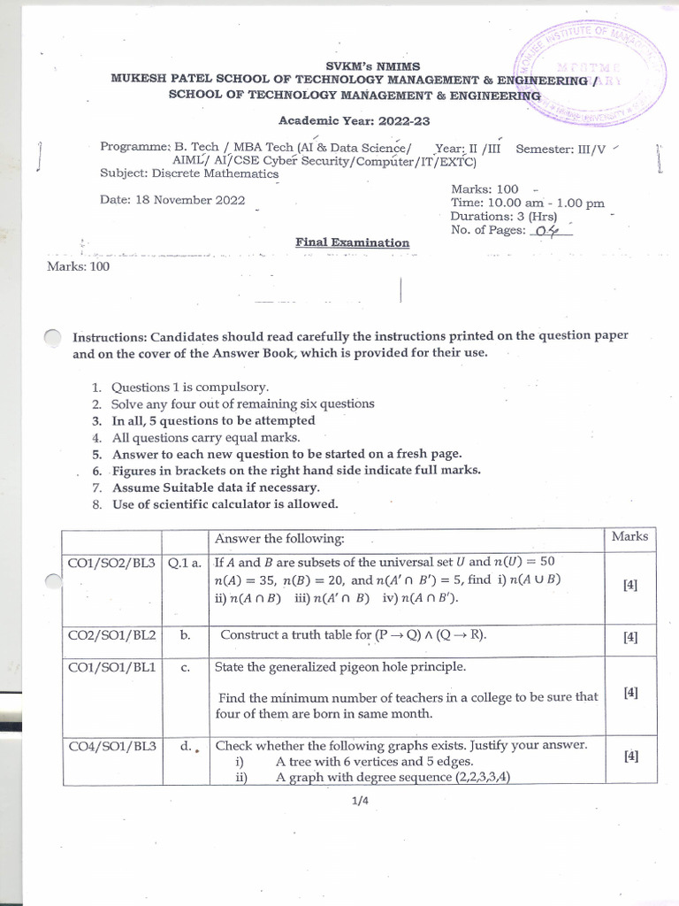 Discrete Mathematics 2nd Year Sem-III Year 2022-23 Final Exam ... Discrete Mathematics 2nd Year Sem-III Year 2022-23 Final Exam ...