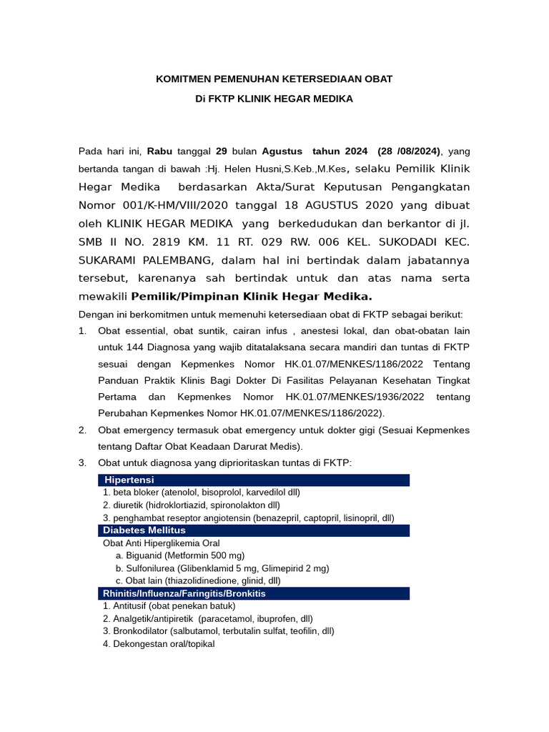 Lampiran 5 KOMITMEN PEMENUHAN KETERSEDIAAN OBAT-net | PDF | Kesehatan ...