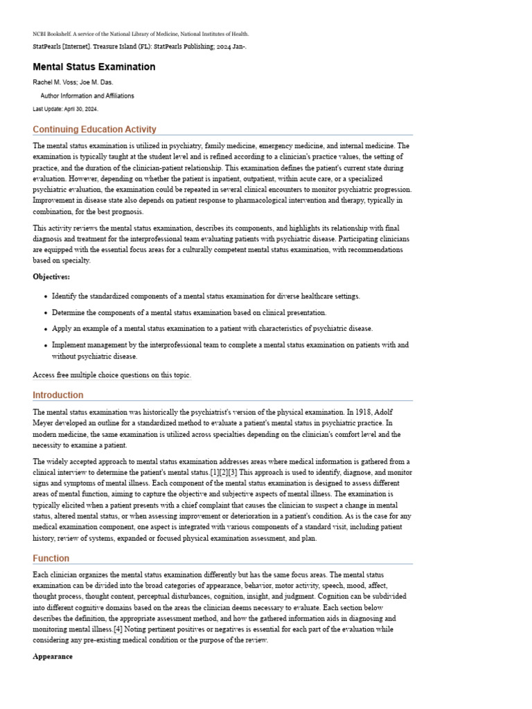 Mental Status Examination - StatPearls - NCBI Bookshelf | PDF ...