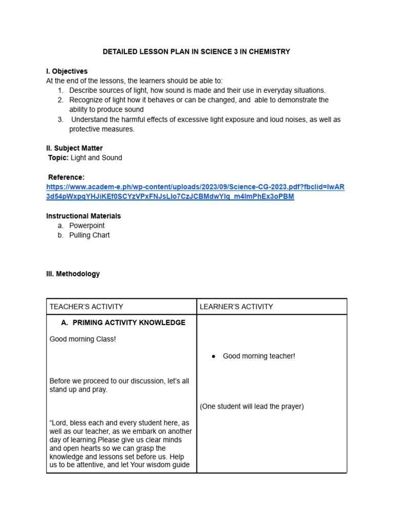 Light and Sound: Grade 3 Science Plan | PDF | Sound | Sunglasses