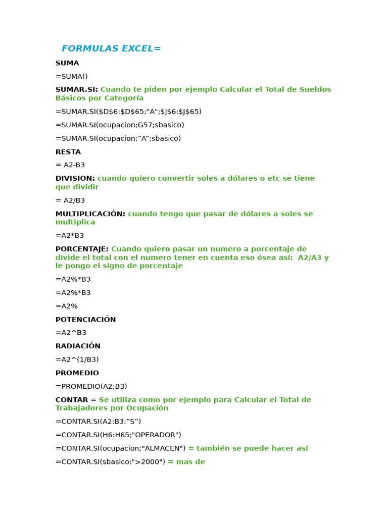 Fórmulas Excel para Cálculos Básicos | PDF | Matemáticas | Aritmética