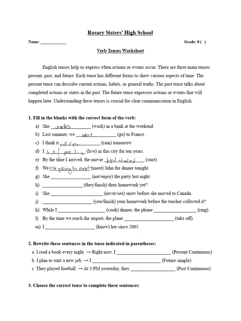 Verb Tenses Worksheet - Students-1 | PDF | Grammatical Tense | Verb