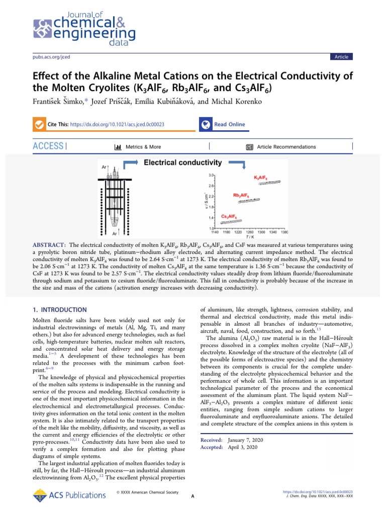 Simko Korenko M3AlF6conduct JChemEngData 2020 | PDF | Sodium | Thermal ...