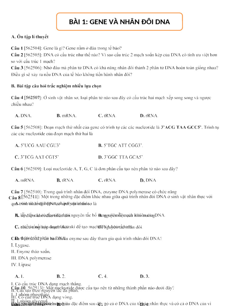 BÀI 1. Gene Va Nhán Dói DNA | PDF