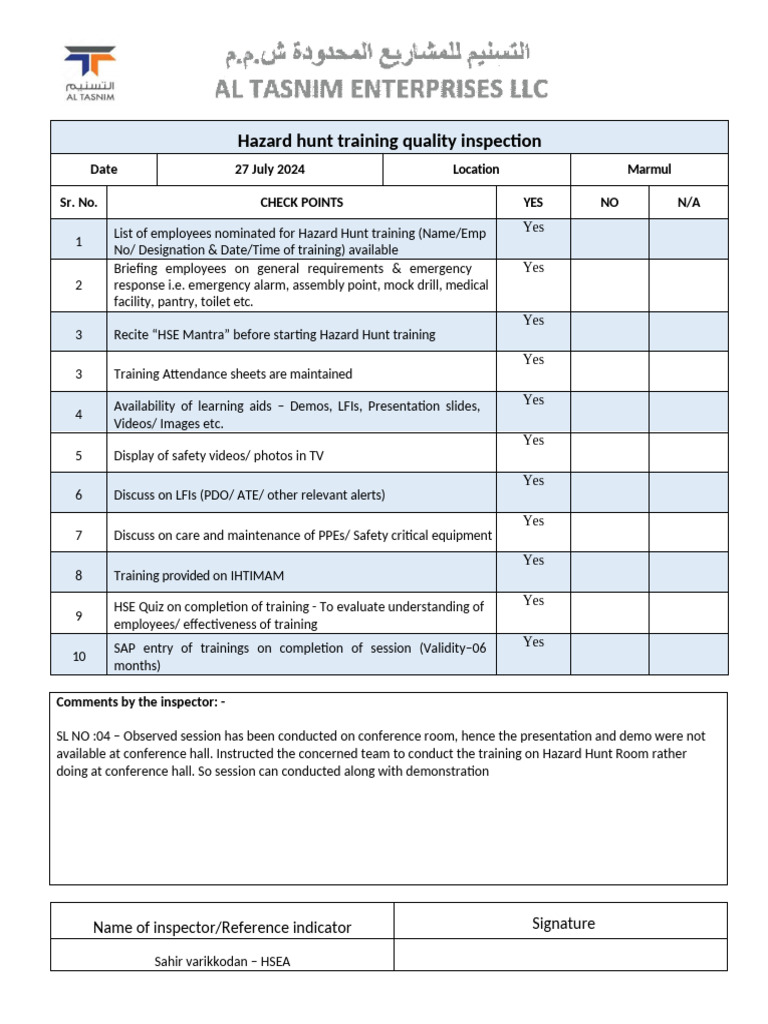 Hazard Hunt Quality Checklist | PDF