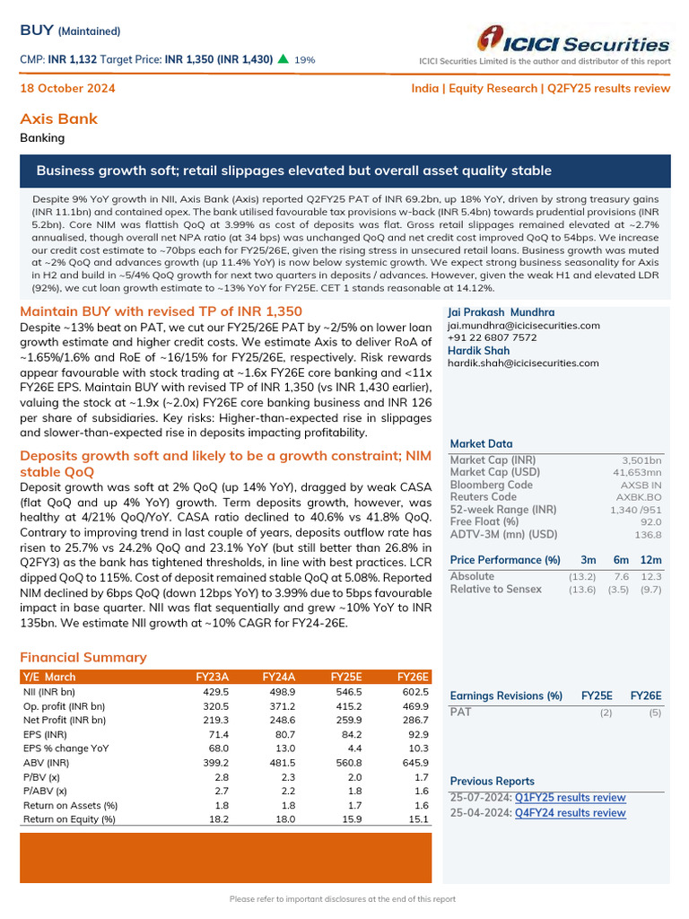 Axis Bank Q2FY25 ISEC | PDF | Banking | Business