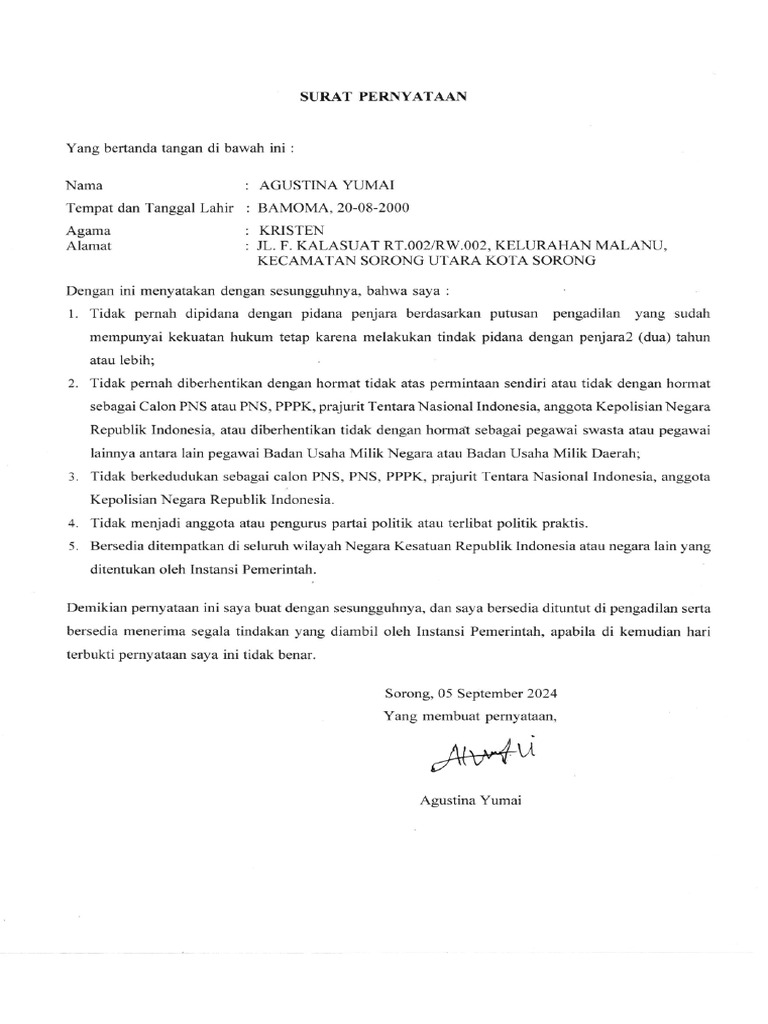 Surat Pernyataan Agustina2 | PDF