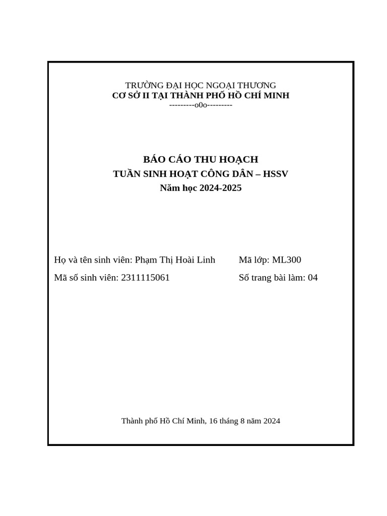 Mẫu bìa nộp bài thu hoạch Tuần SHCD-SV năm học 2024-2025 | PDF