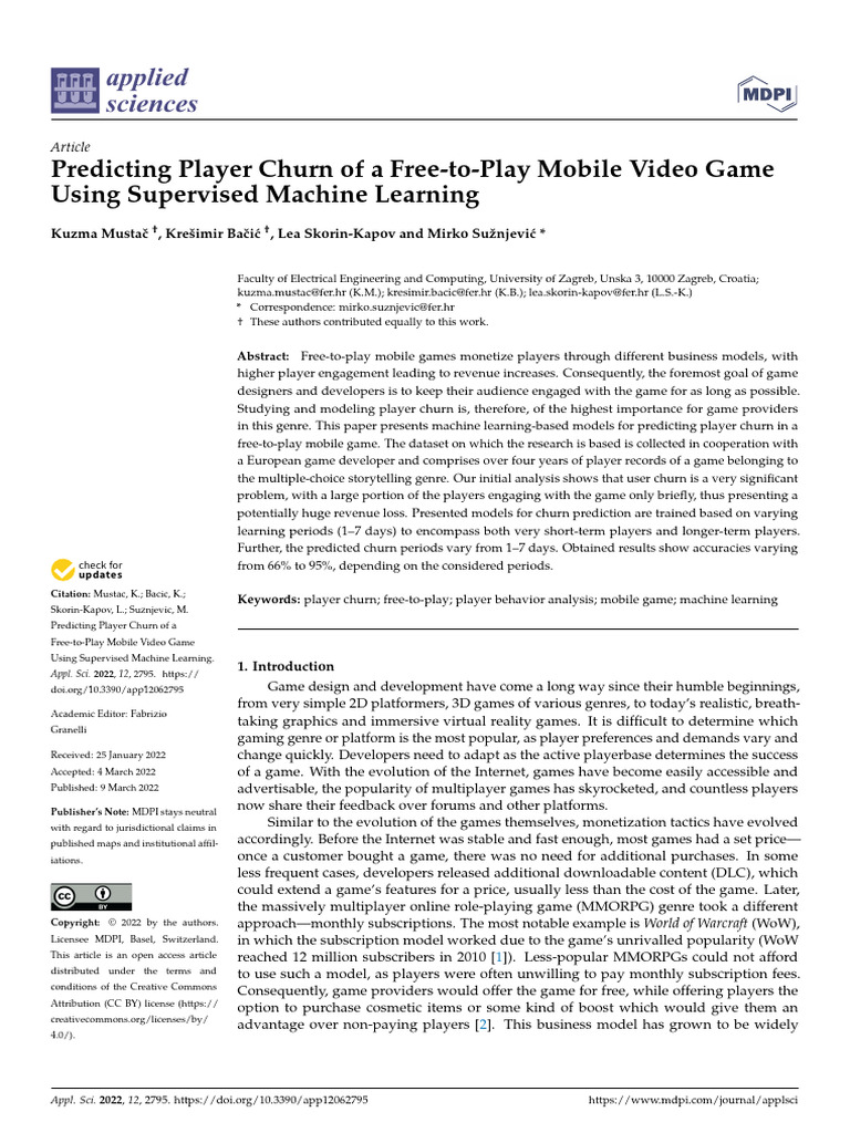Predicting Player Churn of A Free-to-Play Mobile V | PDF | Machine Learning