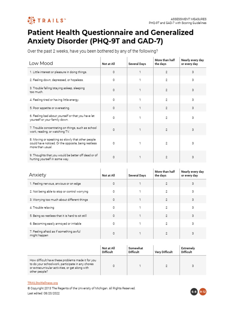 PHQ-9T and GAD-7 Scoring Guide | PDF | Clinical Medicine | Mental Health