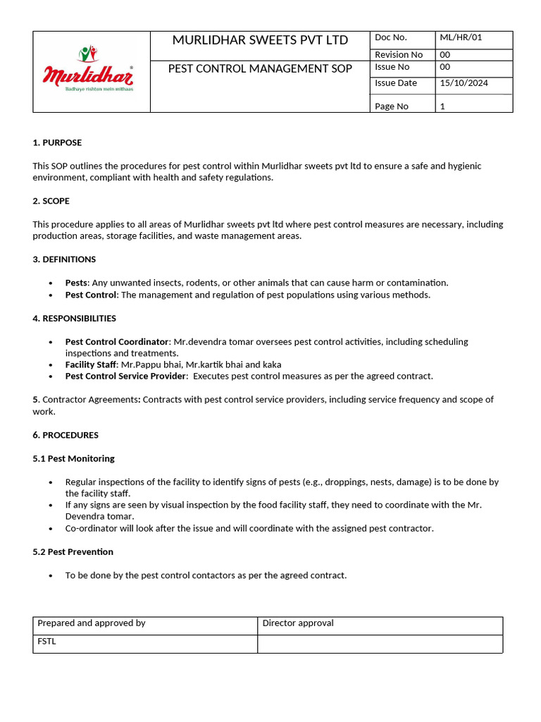 Murlidhar Sweets Pest Control SOP | PDF | Pest Control | Pest (Organism)