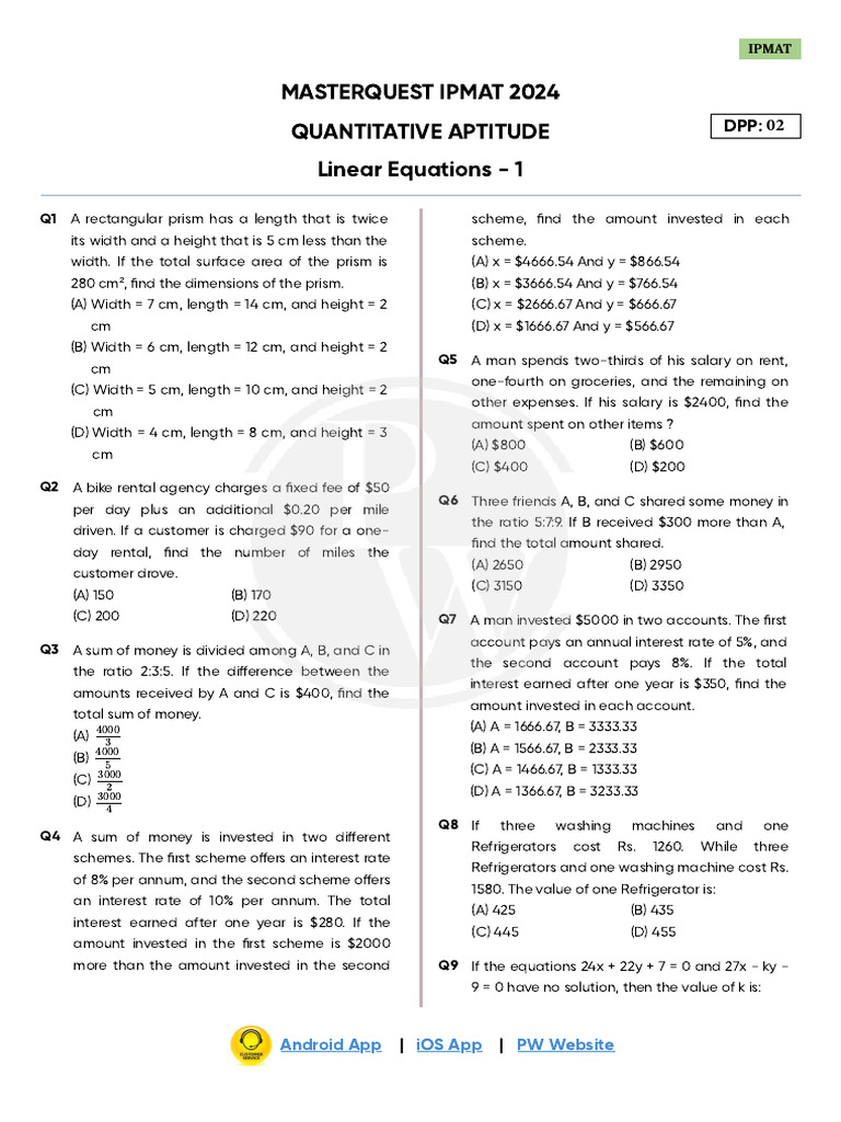Algebra 02 _ DPP 02 __ MasterQuest IPMAT 2024 | PDF | Interest | Length