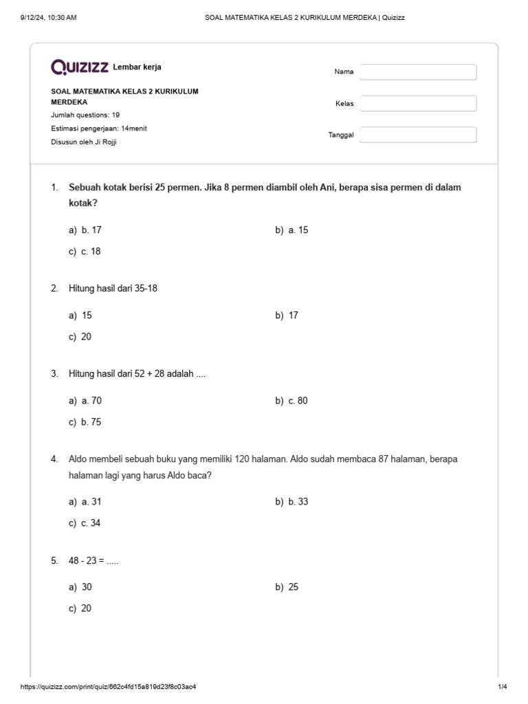 SOAL MATEMATIKA KELAS 2 KURIKULUM MERDEKA _ Quizizz | PDF