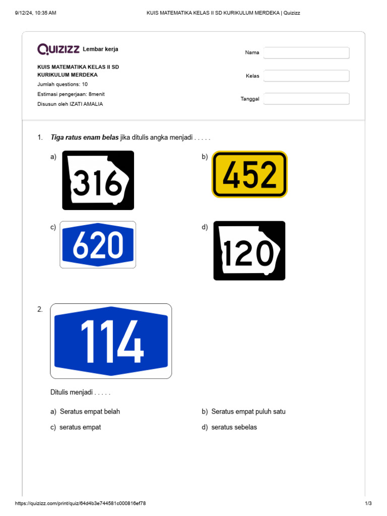 KUIS MATEMATIKA KELAS II SD KURIKULUM MERDEKA - Quizizz | PDF