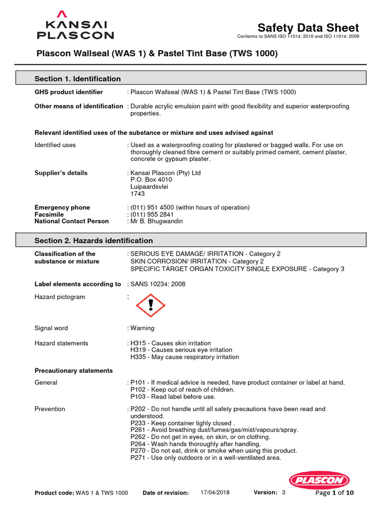 Plascon Wallseal Safety Data Sheet | PDF | Toxicity | Personal ...