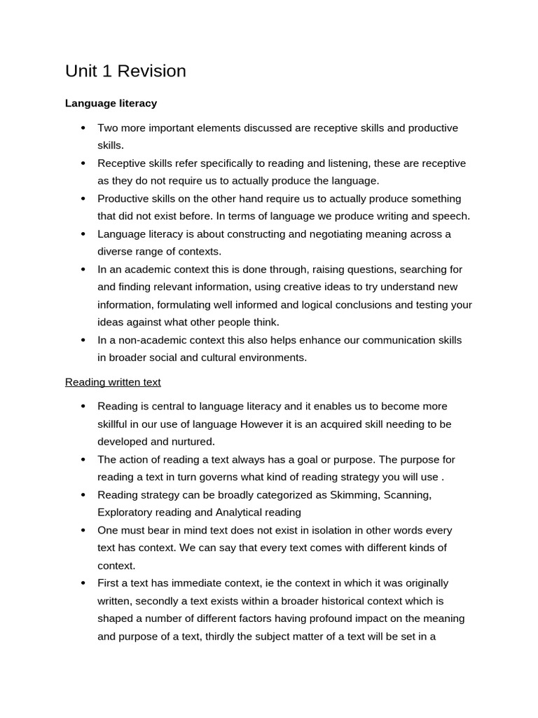 Acdemic Literacy Unit 1 Revision | PDF | Literacy | Information