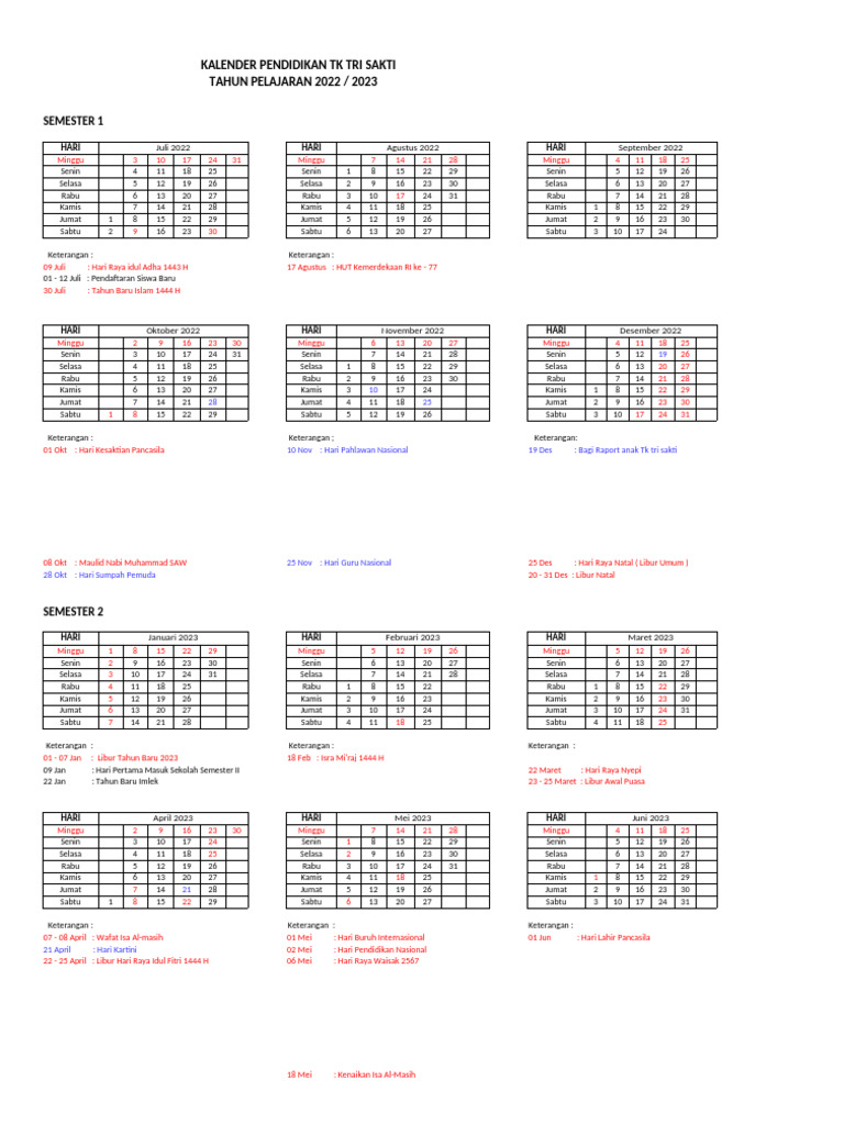 Kalender Pendidikan TK Tri Sakti 2022/2023 | PDF