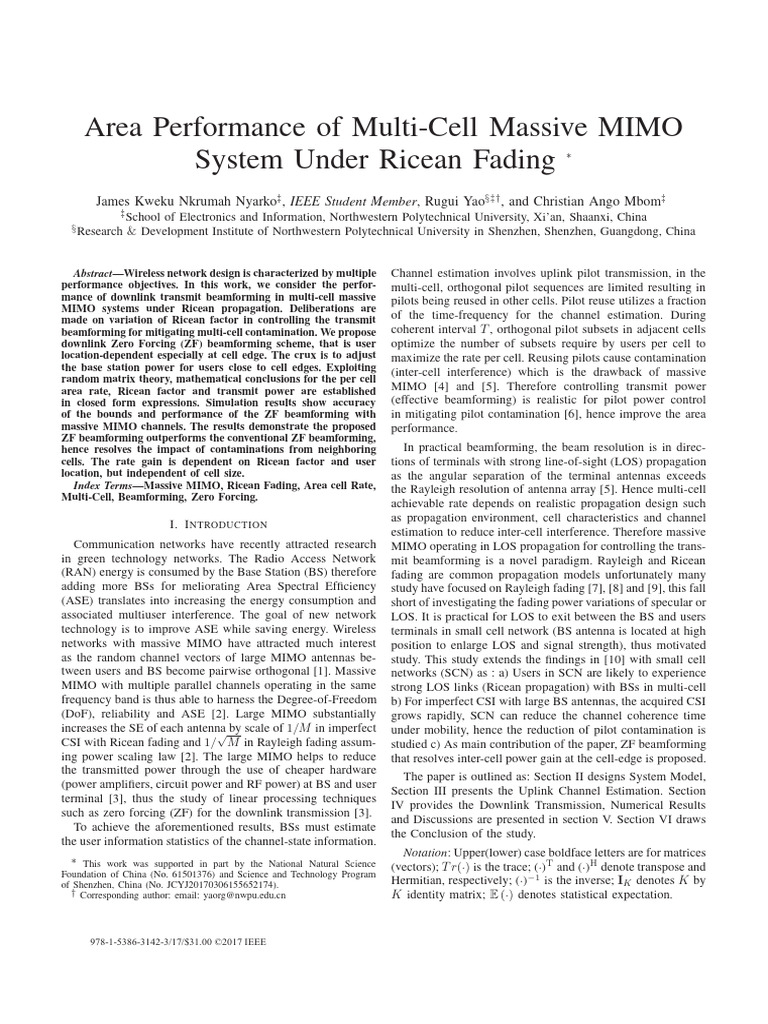 Area Performance Of Multi Cell Massive Mimo System Under Ricean Fading Pdf Mimo