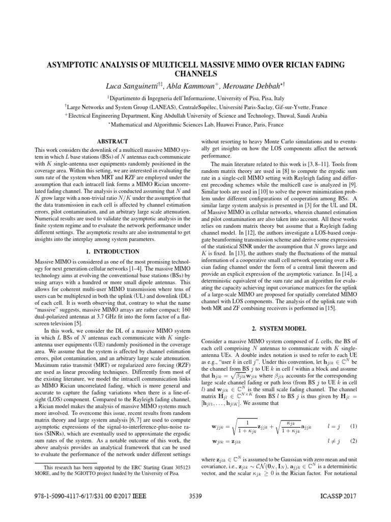 Asymptotic Analysis of Multicell Massive MIMO Over Rician Fading Channels | PDF | Mimo | Applied ...