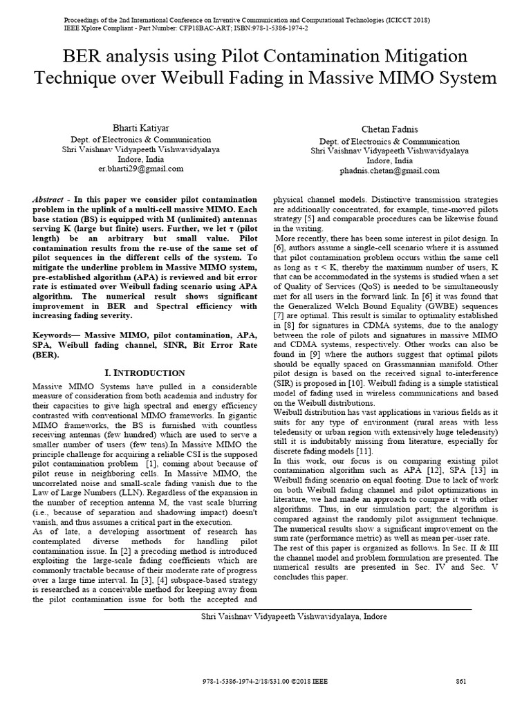BER Analysis Using Pilot Contamination Mitigation Technique Over Weibull Fading in Massive MIMO ...