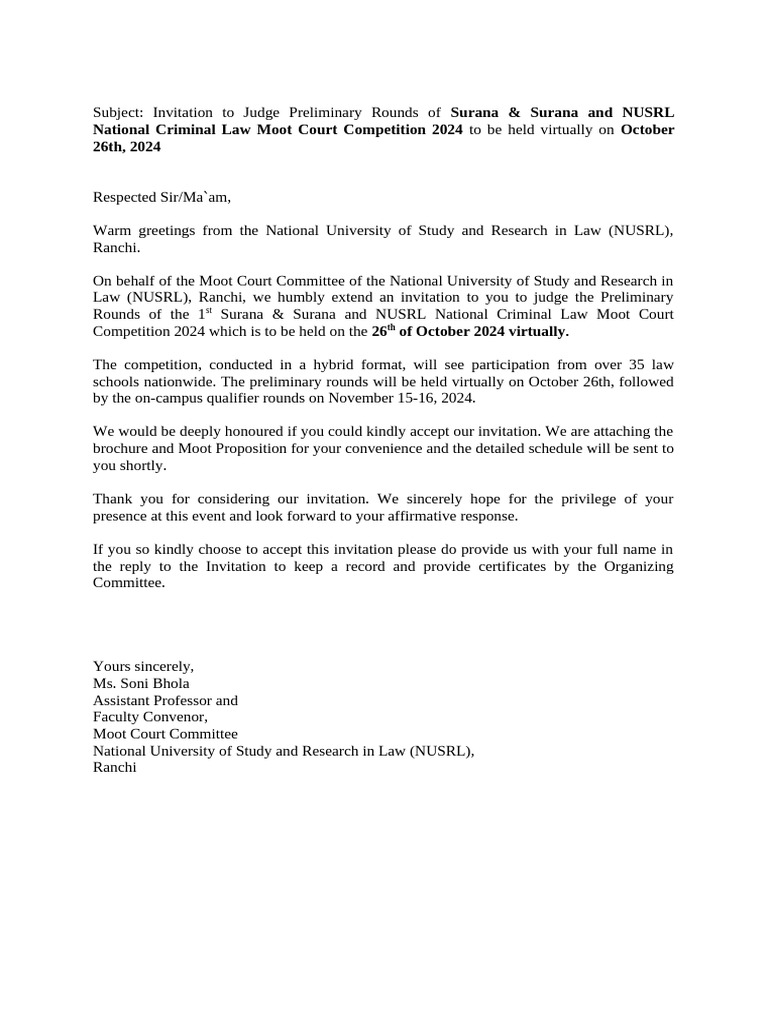 Judge Invitation: NUSRL Moot Court 2024 | PDF | Law