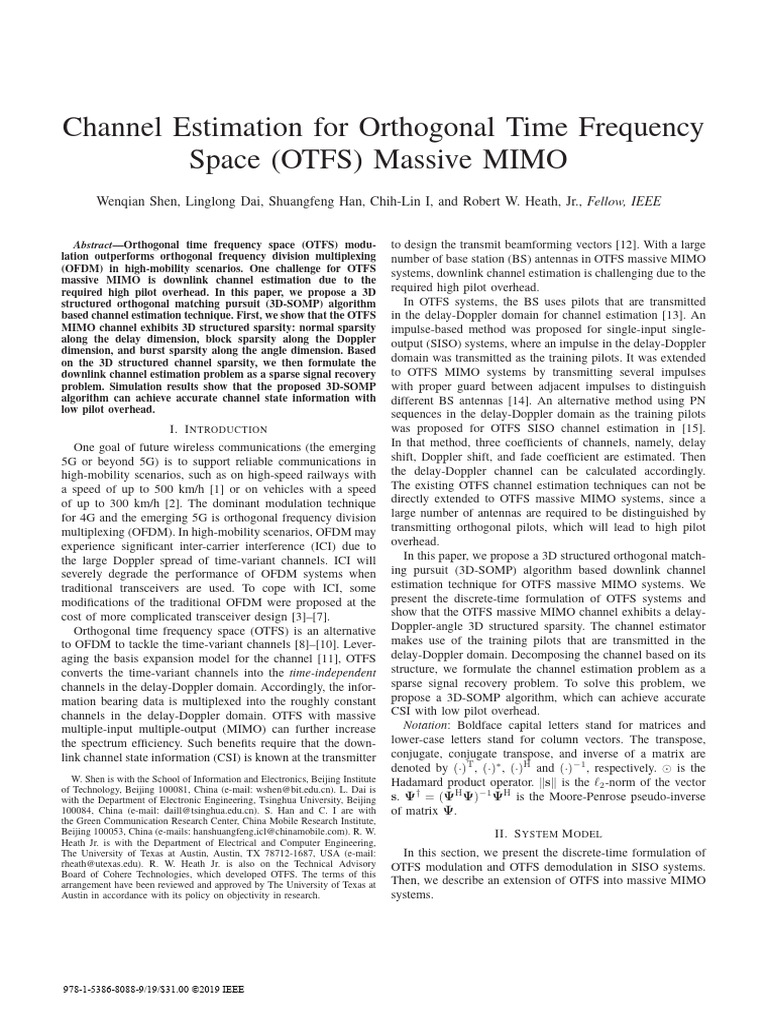 Channel Estimation For Orthogonal Time Frequency Space - OTFS - Massive MIMO | PDF | Orthogonal ...