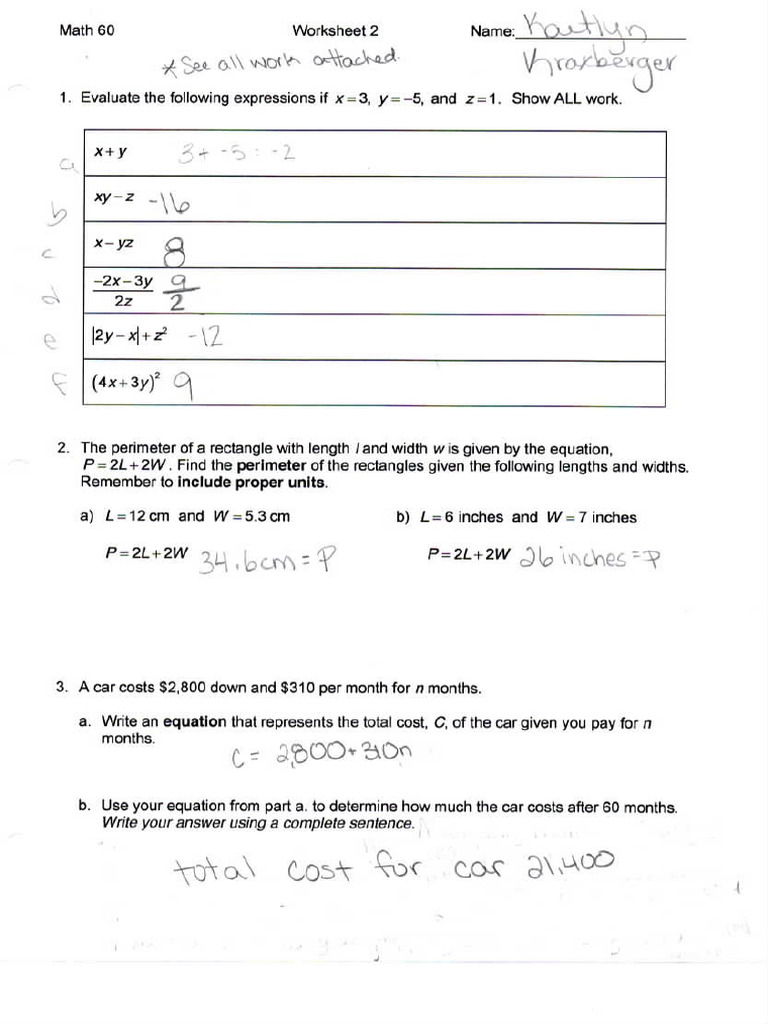 Worksheet 2 Math 60 10 | PDF