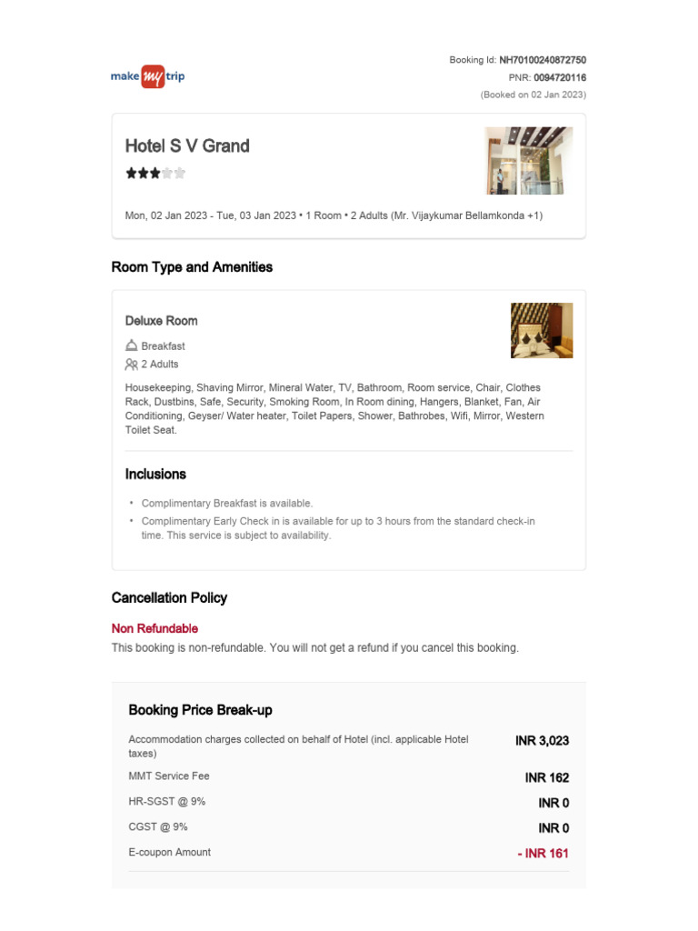 Hotel S V Grand Booking Details | PDF | Hygiene | Disinfectant