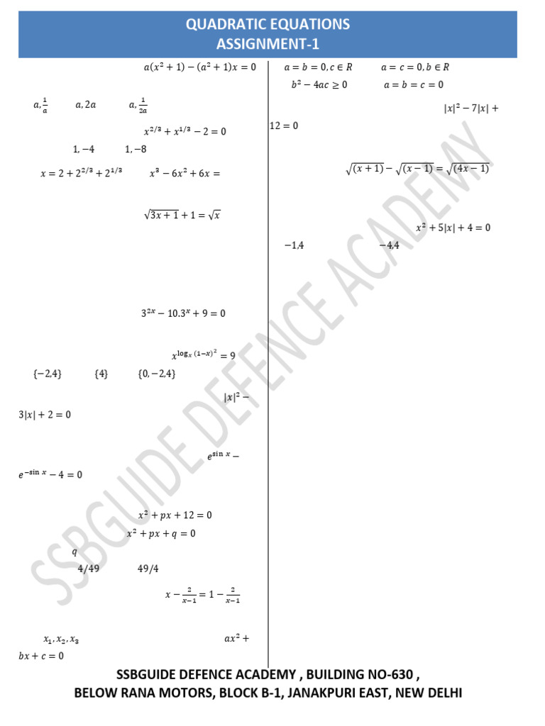 Quadratic Equations Assignment-1 | PDF | Discrete Mathematics | Elementary Mathematics