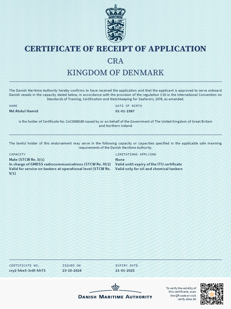 Certificate of Receipt of Application: CRA Kingdom of Denmark | PDF ...