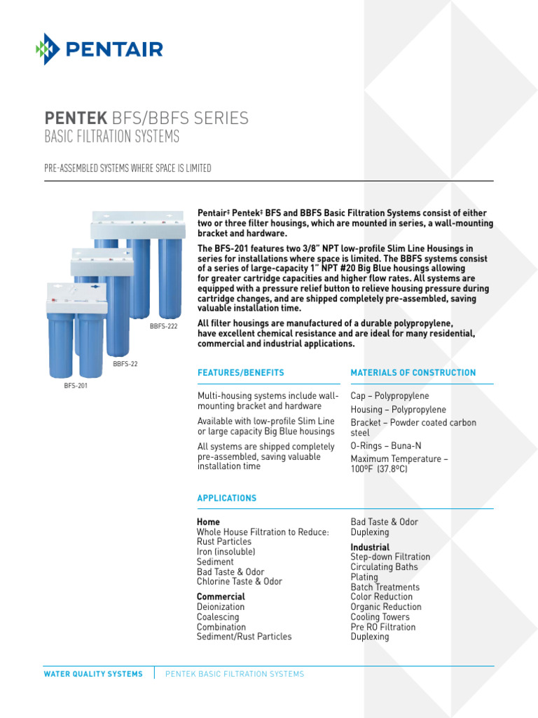 Pentek Bfs Bbfs Spec Sheet | PDF | Filtration | Trademark