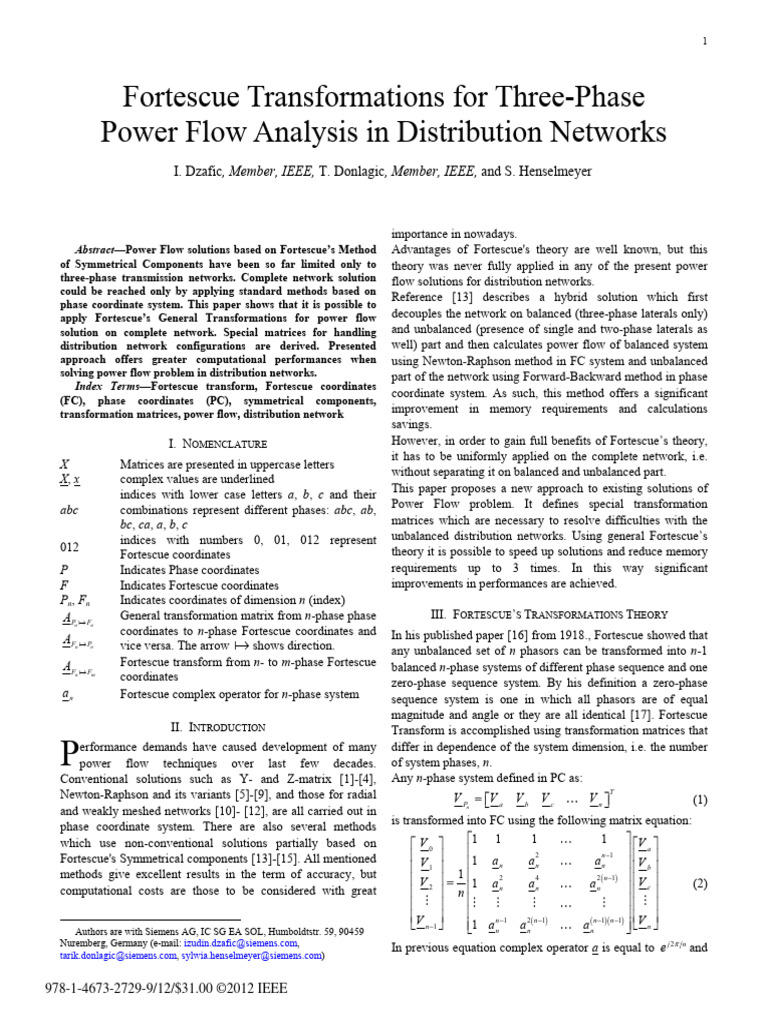 Fortescue Transformations For Three-Phase Power Flow Analysis in ...