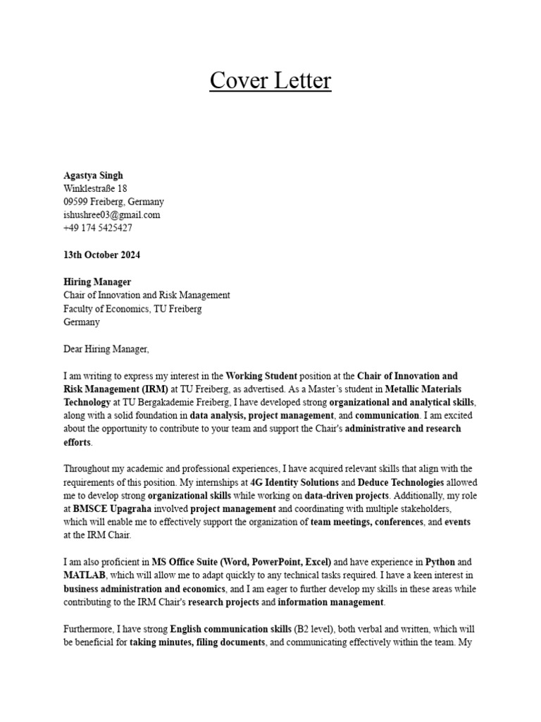 Cover Letter For IRM Work Student | PDF
