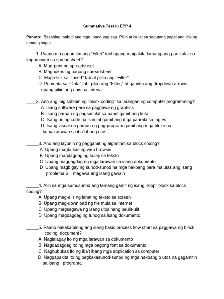 Summative Test in EPP 4 | PDF