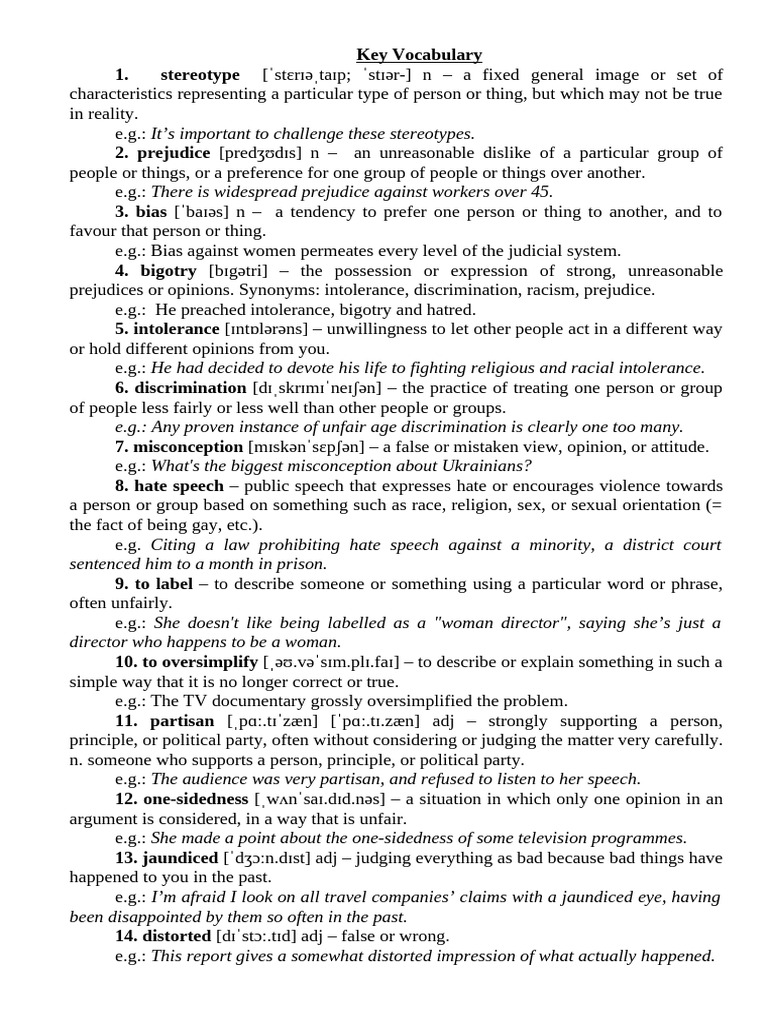 Key Vocabulary - Stereotypes | PDF | Prejudices | Discrimination