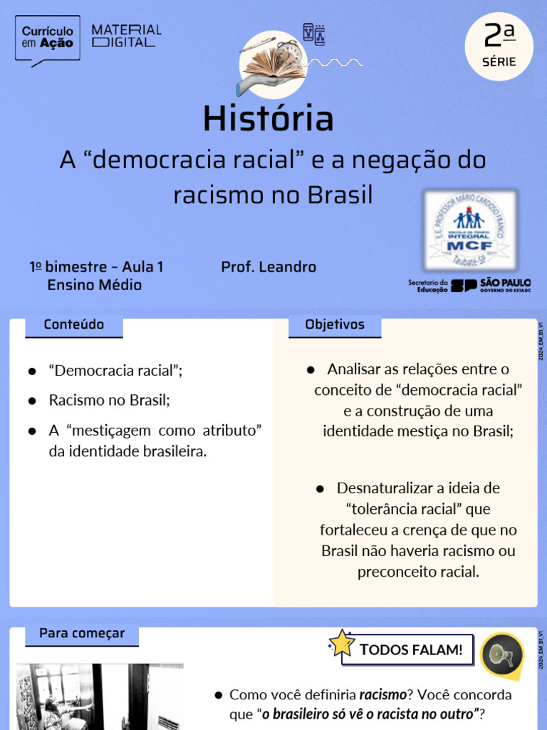 Aula 1 - A "Democracia Racial" e A Negação Do Racismo No Brasil | PDF ...