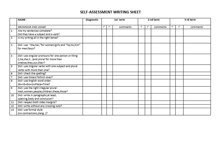 SELF-ASSESSMENT WRITING SHEET | PDF