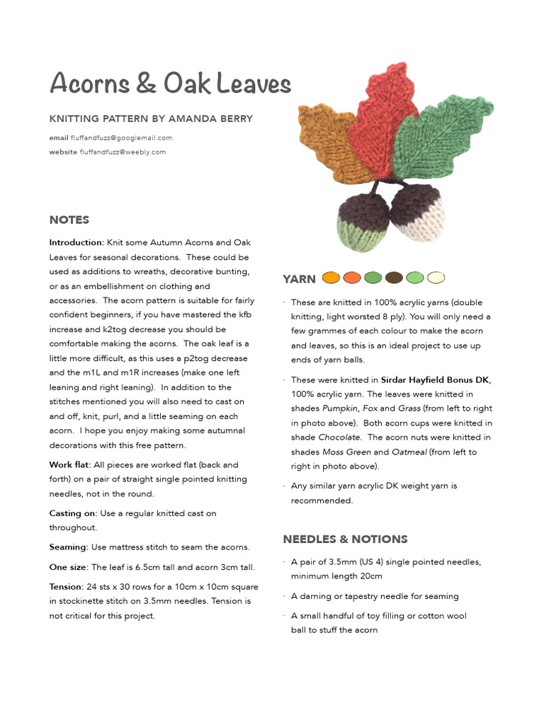 Autumn Acorns and Oak Leaves Knitting Pattern | PDF | Knitting ...