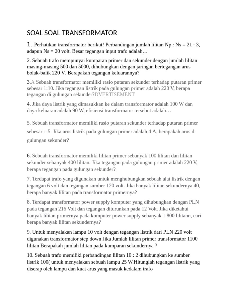 Soal Transformator Kelas 9 | PDF | Sains & Matematika