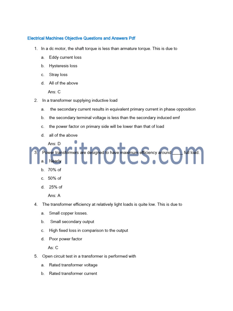 Electrical Machines Objective Questions Answers | PDF | Science ...