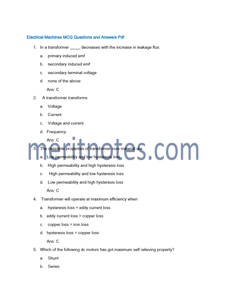 Electrical Machines MCQ Questions Answers | PDF