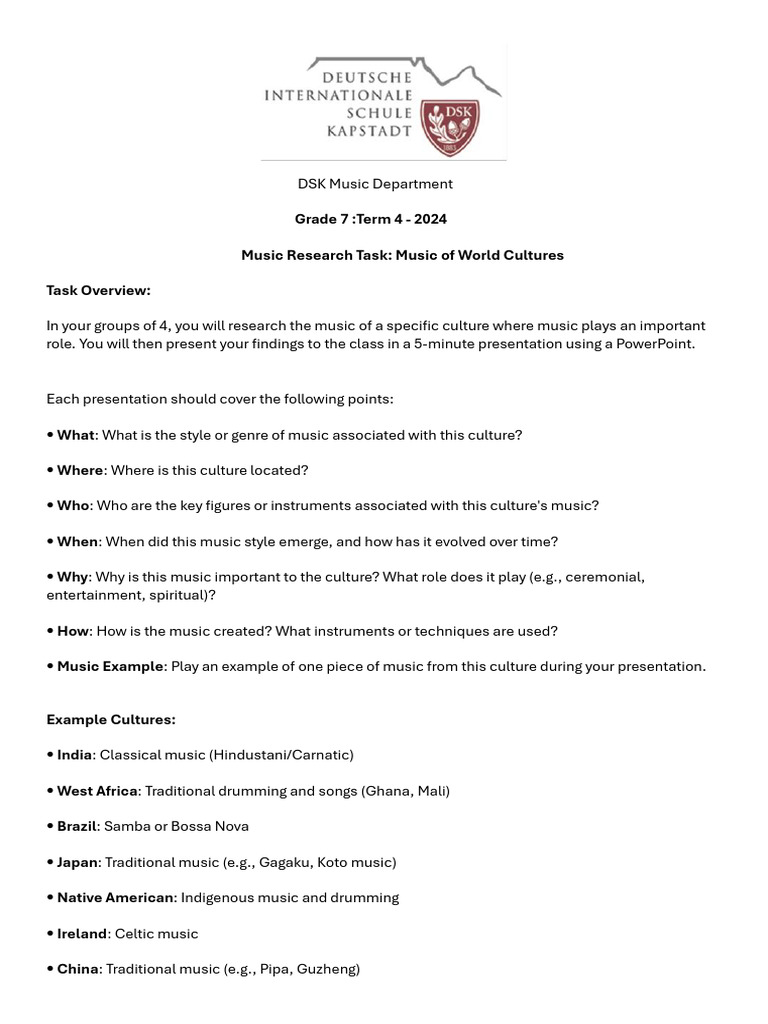 DSK Music Department Music Research Task Music of World Cultures | PDF ...