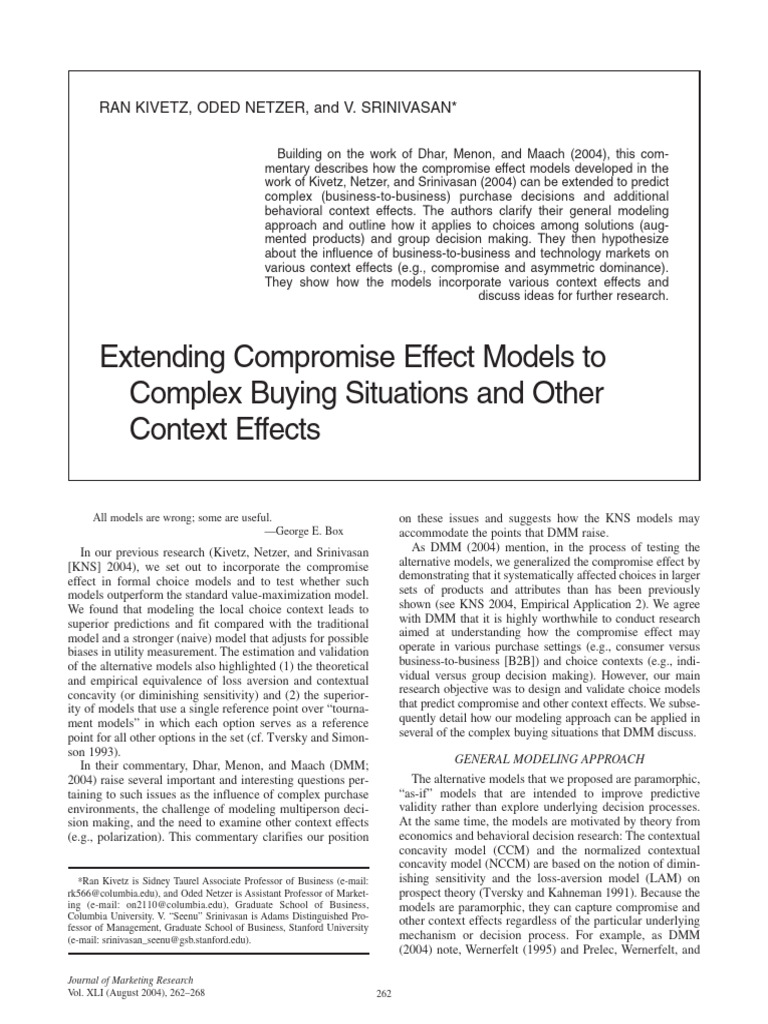 Kivetz Et Al 2004 Extending Compromise Effect Models To Complex Buying ...