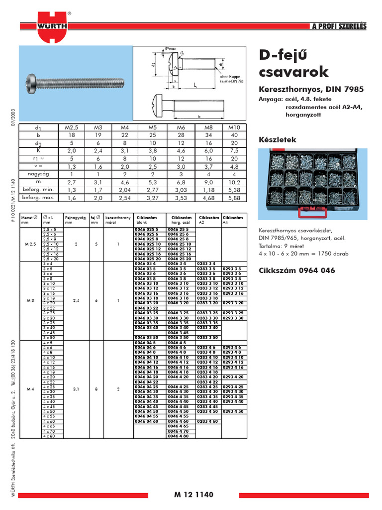 D-Fejû Csavarok: Kereszthornyos, DIN 7985 | PDF