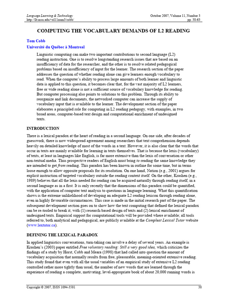 Computing The Vocabulary Demands of L2 Reading | PDF | Vocabulary | Second Language